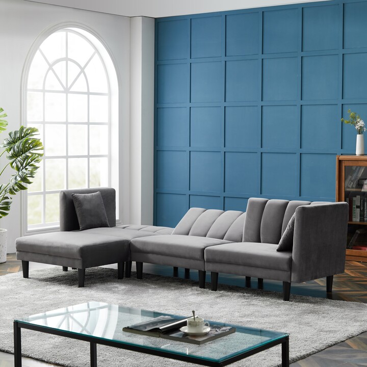 RASOO Velvet Reversible Sleeper Sectional Sofa Set with Chaise Lounge ...