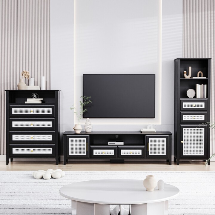 STV Stand Set with Rattan Elements, Mid Century Entertainment Center with TV Console, Cabinet ...