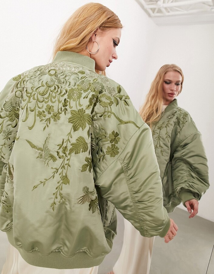 ASOS EDITION embroidered oversized bomber jacket in sage green - ShopStyle