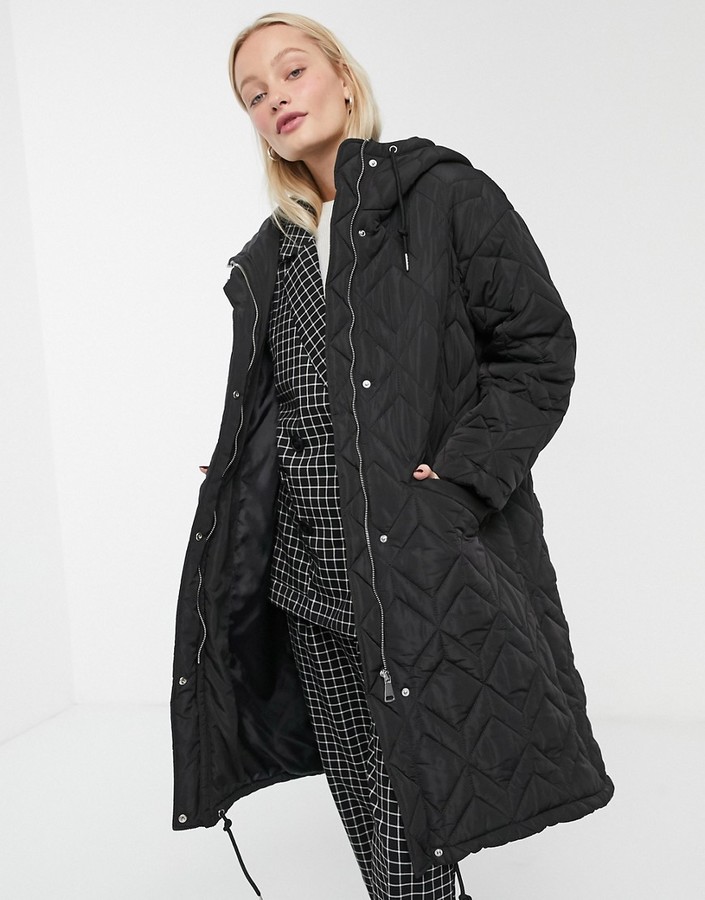 Monki quilted hooded midi coat in black - ShopStyle