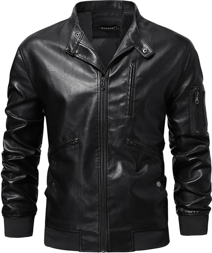 WULFUL Men's Faux Leather Jacket Stand Collar Lightweight Bomber Jacket ...