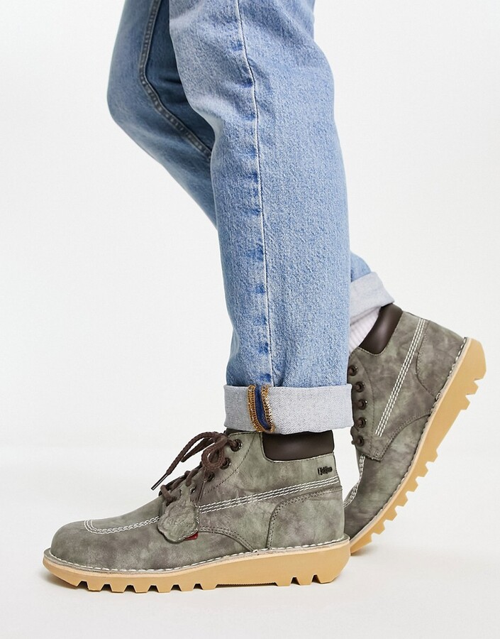 Kickers Kick Hi roll boots in green leather - ShopStyle