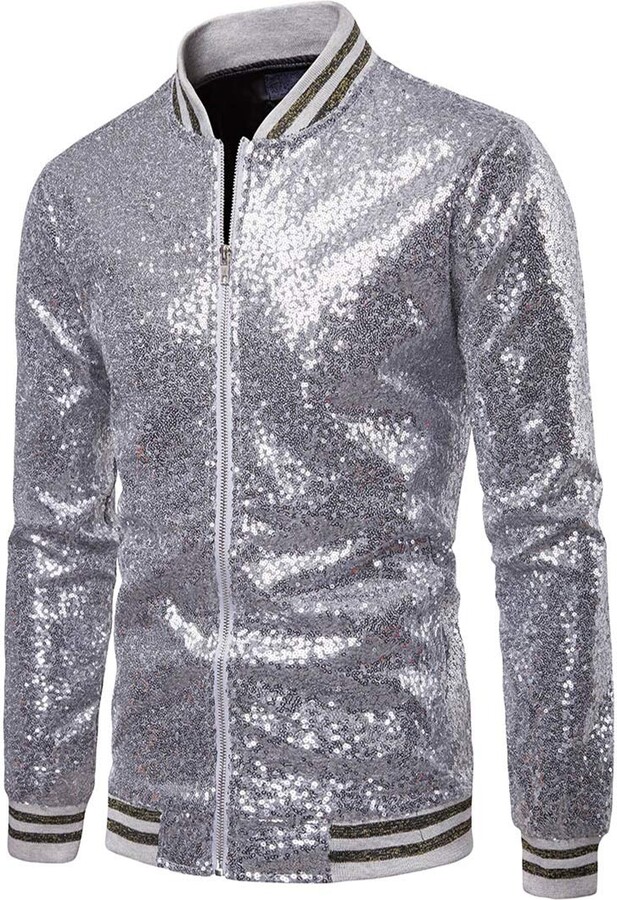 Annstar Men's Sequin Jacket Zip Blazer Baseball Tops Sparkle Metallic Nightclub Long Sleeve Down ...