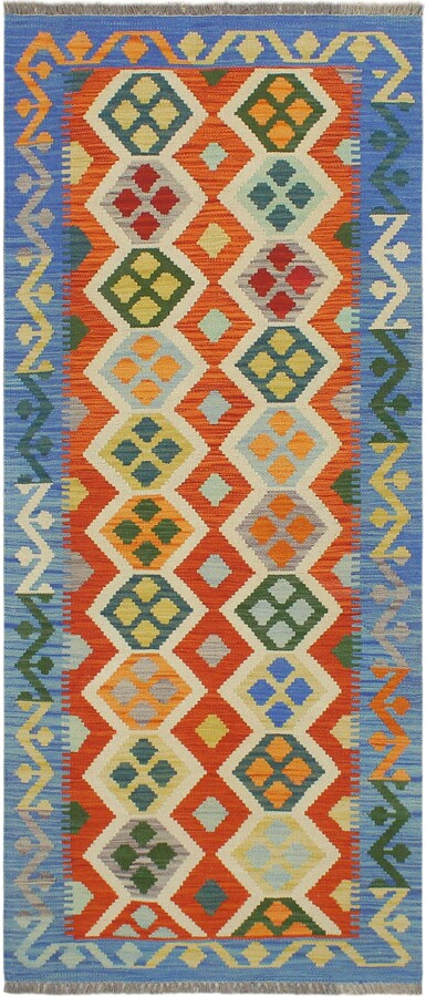 Arshs Fine Rugs Boho Chic Turkish Ryan Rust Blue Kilim Wool Runner - 2 ...