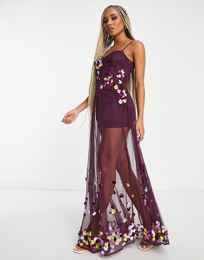 Starlet exclusive floral embellished corset maxi dress in plum - ShopStyle