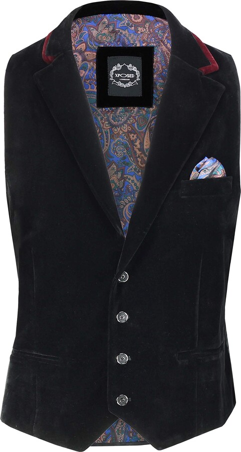 Xposed Mens Tim Black Soft Velvet Waistcoat Wedding Party Retro ...