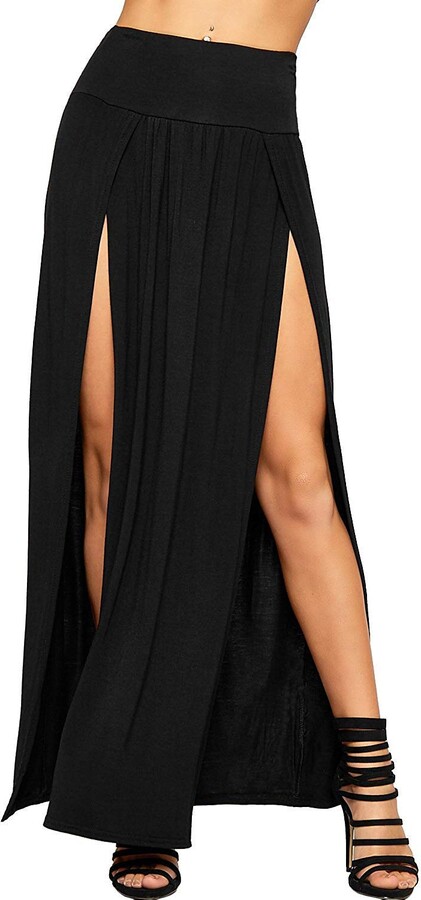 GirlzWalk@ Womens Double Split Maxi Long Skirt Ladies Plain Basic Two ...