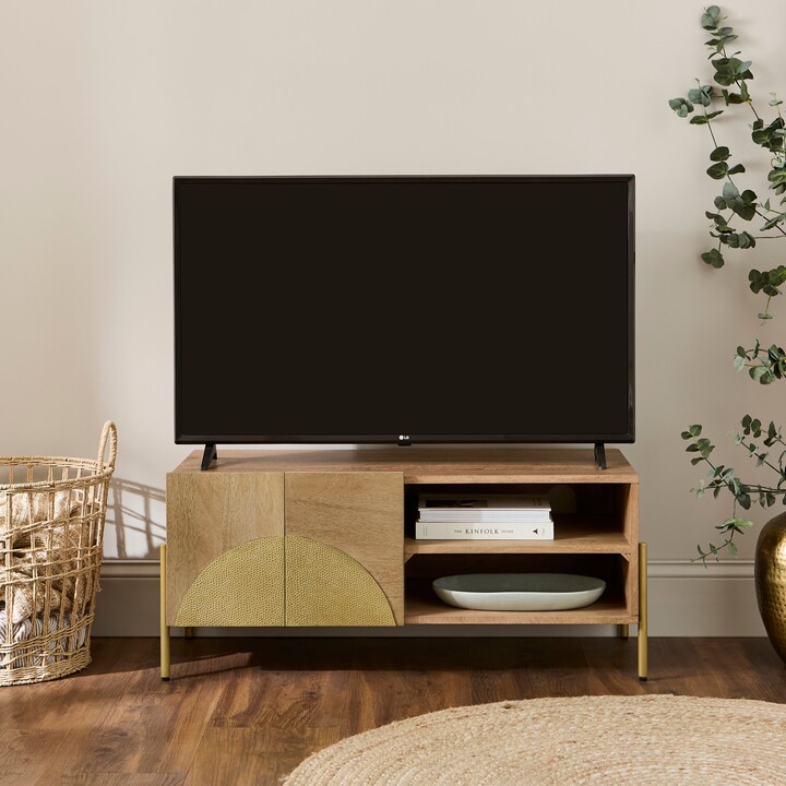 Dunelm Zaneta Small TV Unit For TVs up to 42, Mango Wood and Brass Blue ...