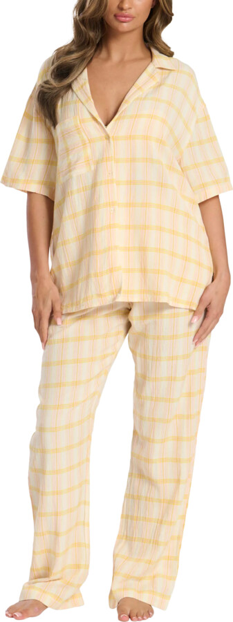 Loungeable Woven Traditional Short Sleeve Shirt and Trousers Pyjama Set ...