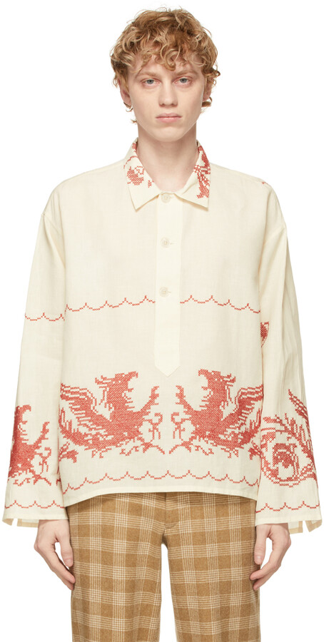Bode SSENSE Exclusive Off-White & Red Dragon Scene Shirt - ShopStyle