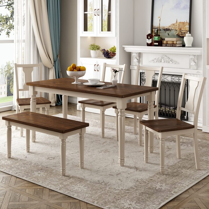 LASOFPC 6-Piece Classic Rectangle Wooden Dining Table Set with Bench ...