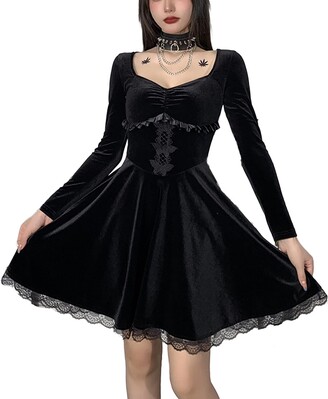 FeMereina Black Gothic Lolita White Lace Dress Long Sleeve Lace-up Goth Off Shouder Midi Dresses ...