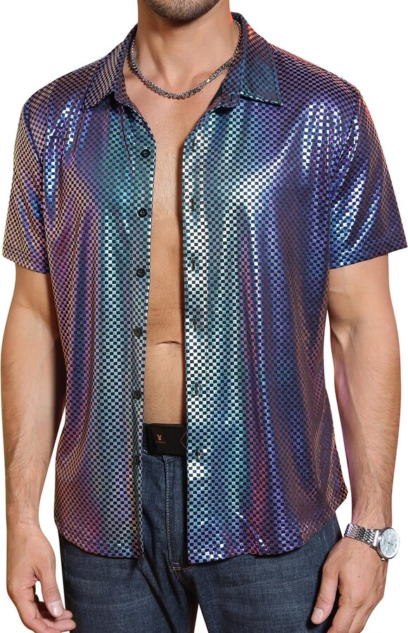 TURETRENDY Men's 70s Disco Shirts Metallic Sequins Shiny Short Sleeve Party Shirts Nightclub ...