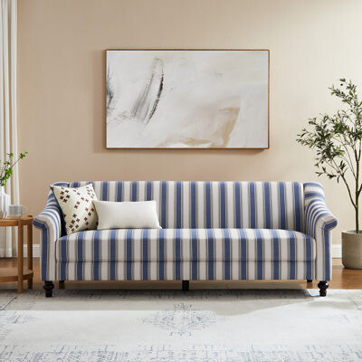 Latitude Run Kontemenos 84.25In Striped Fabric Rolled Arm Sofa, 3-Seat ...