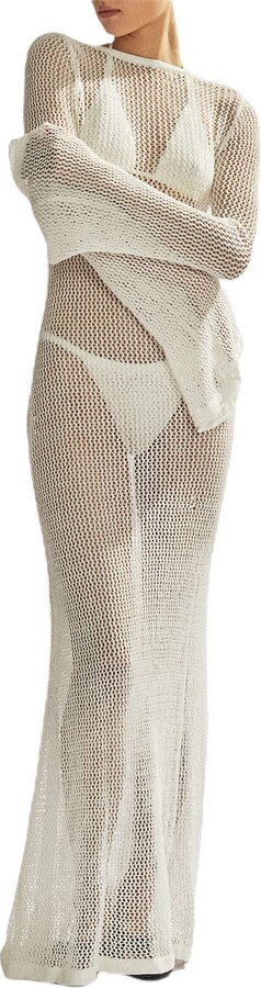 Mesalynch Women Sexy See Through Long Sleeve Backless Bodycon Mesh Maxi Dress Y2k Crochet Cover ...