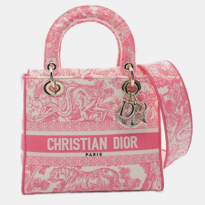 Christian Dior Pink White Canvas Dioriviera Lady D-Lite Medium Toile de ...