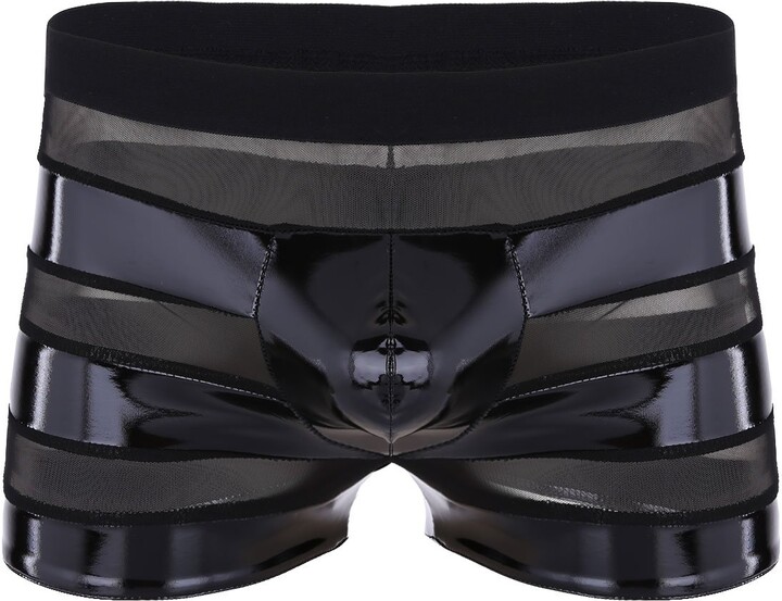 iEFiEL Men's PVC Wetlook Leather Mesh Stripe Boxer Briefs Underwear ...