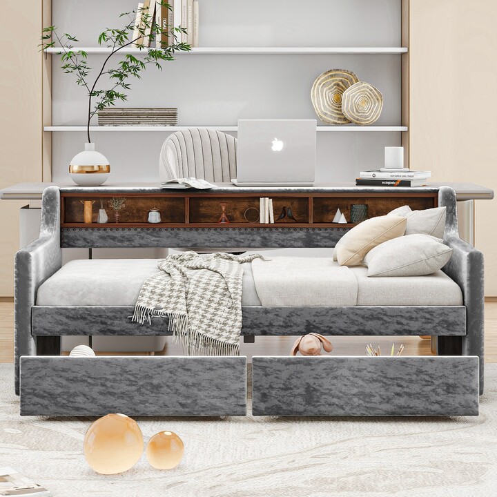 NINEDIN Gray Velvet Snowflake Upholstered Daybed Platform Sofa Bed with ...