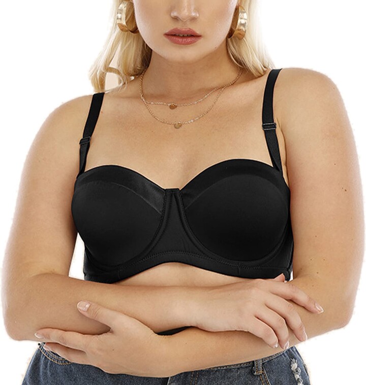 Ausla Women Plus Size Bra Glossy Underwire Half Cup Bra Push Up Removable Straps Bra Silky Soft ...