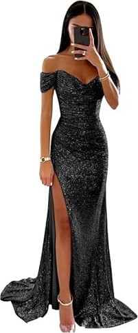 Neejafrog Sparkly Sequin Mermaid Prom Dresses 2024 Off Shoulder Pleated Long Ball Gown V Neck ...