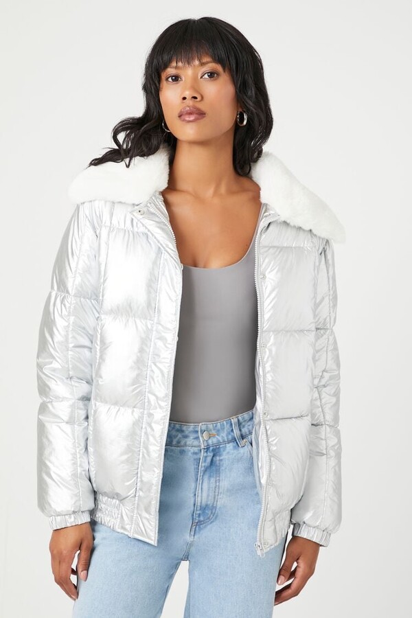 Forever 21 Women's Faux Fur-Trim Metallic Puffer Jacket in Silver ...