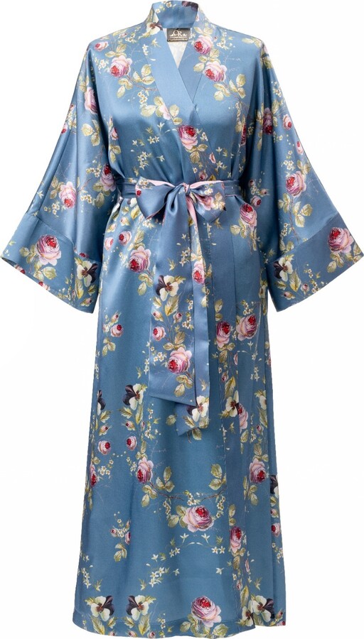 Castlebird Rose - Silk Robe In Blue Satin - Blue - ShopStyle