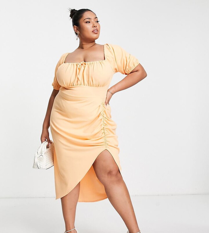 ASOS Curve ASOS DESIGN Curve milkmaid neck ruche pencil midi dress in apricot - ShopStyle