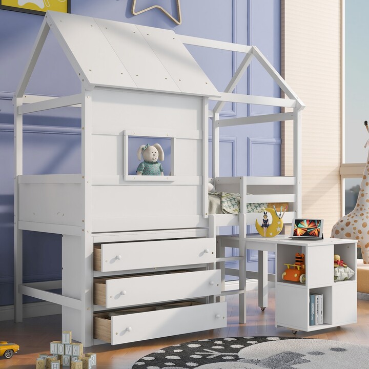 coffas Twin Size House Loft Bed with Pullable Desk and Storage Drawers ...