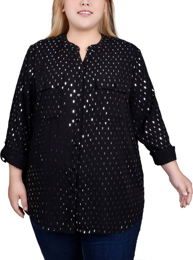 NY Collection Plus Size Long Roll Tab Sleeve Foil Dot Blouse - ShopStyle