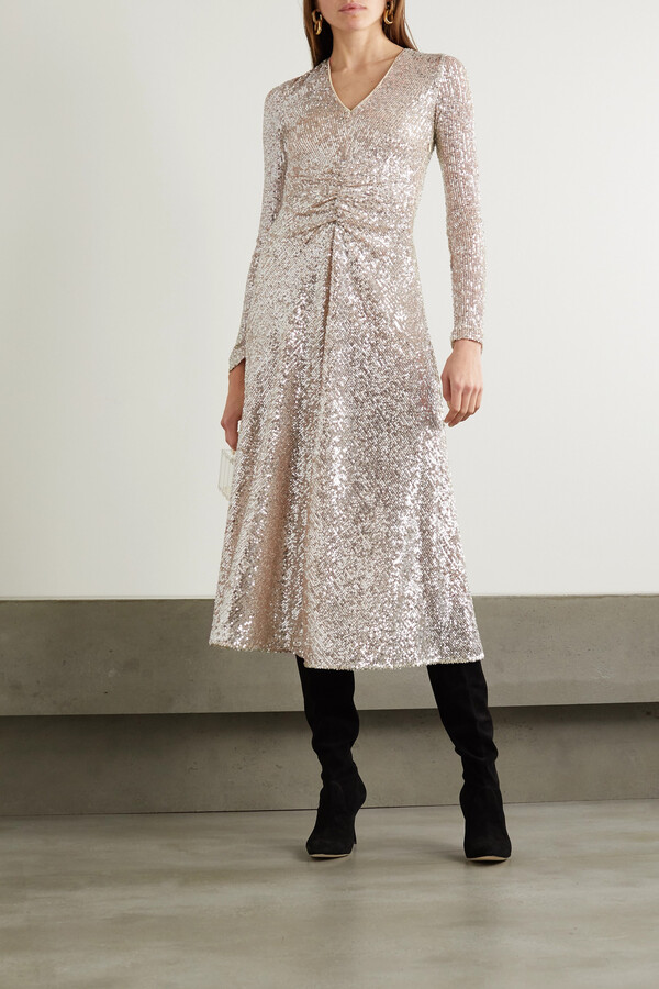 Rotate by Birger Christensen Sierra Ruched Sequined Stretch-knit Midi Dress - Silver - ShopStyle