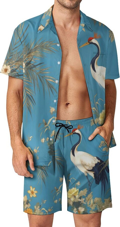 XJLAPWS Button-Down Shirt And Short Set Crane Birds Tropical Plant Men ...