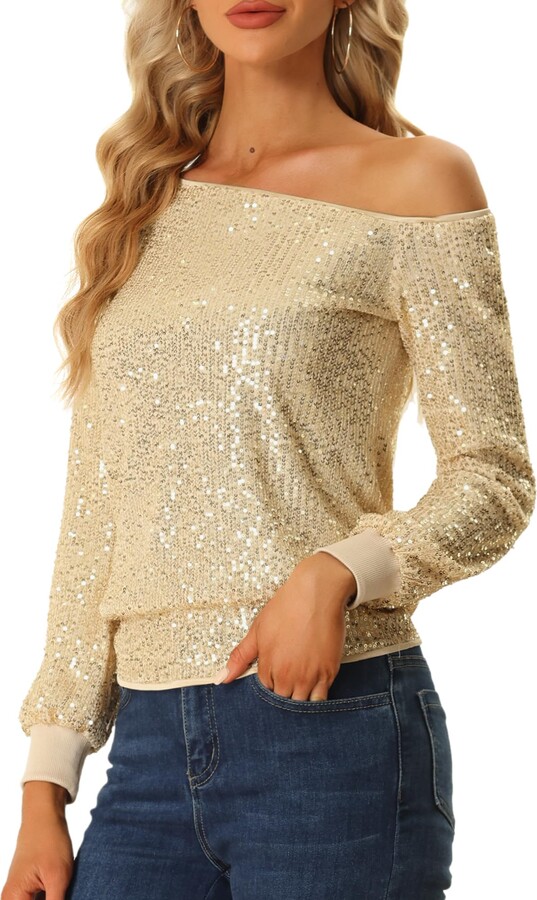 Allegra K Long Sleeve Sparkly Tops for Women's Party Off Shoulder ...