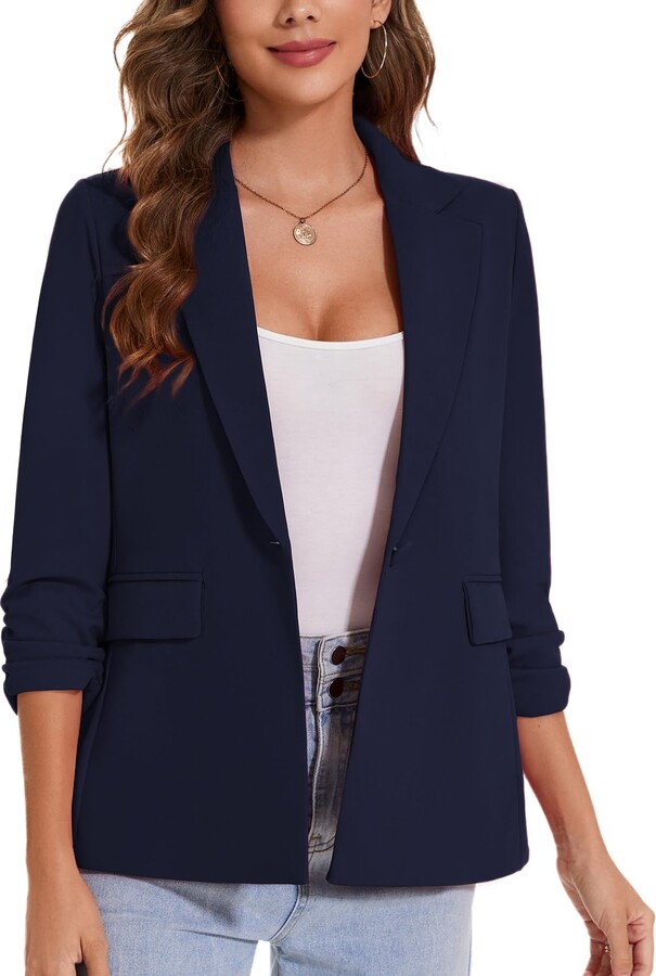 LADI TREND Womens Navy Blue Blazers Suit One Button Jacket 3/4 Ruched ...