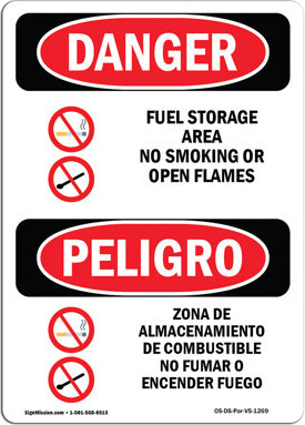 SignMission Fuel Storage Area No Smoking Bilingual | Heavy Duty Sign or ...