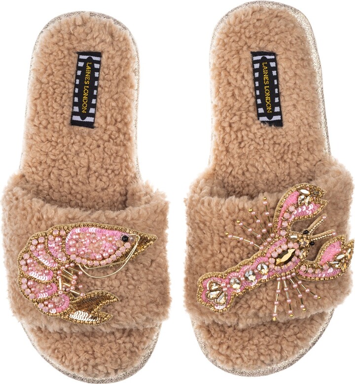LAINES LONDON - Teddy Towelling Slipper Sliders With Pink Lobster ...