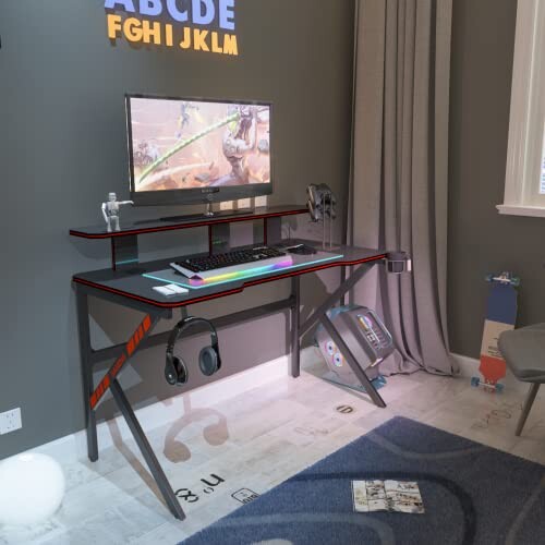 ODC Gaming Table K Shape Black MDF PC Desk with Computer Holder Work ...