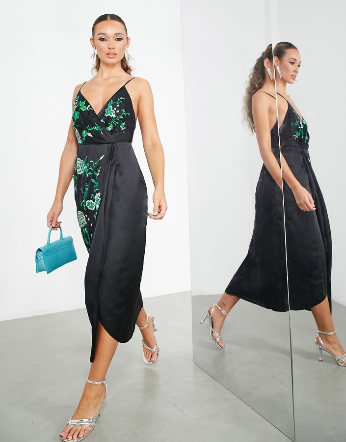 ASOS EDITION satin drape side cami midi dress with floral embroidery in ...