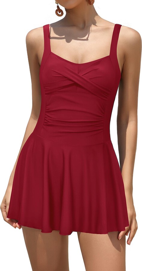 SHEKINI Women Twist Front One Piece Skirted Swimsuit Ruched Tummy ...