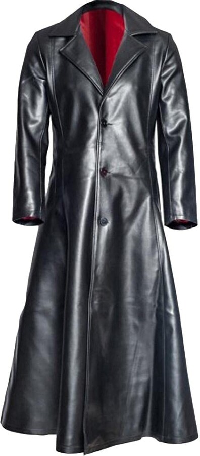 WXZZ Trench Coat Men's Long Medieval Leather Coat Black Single Breasted ...