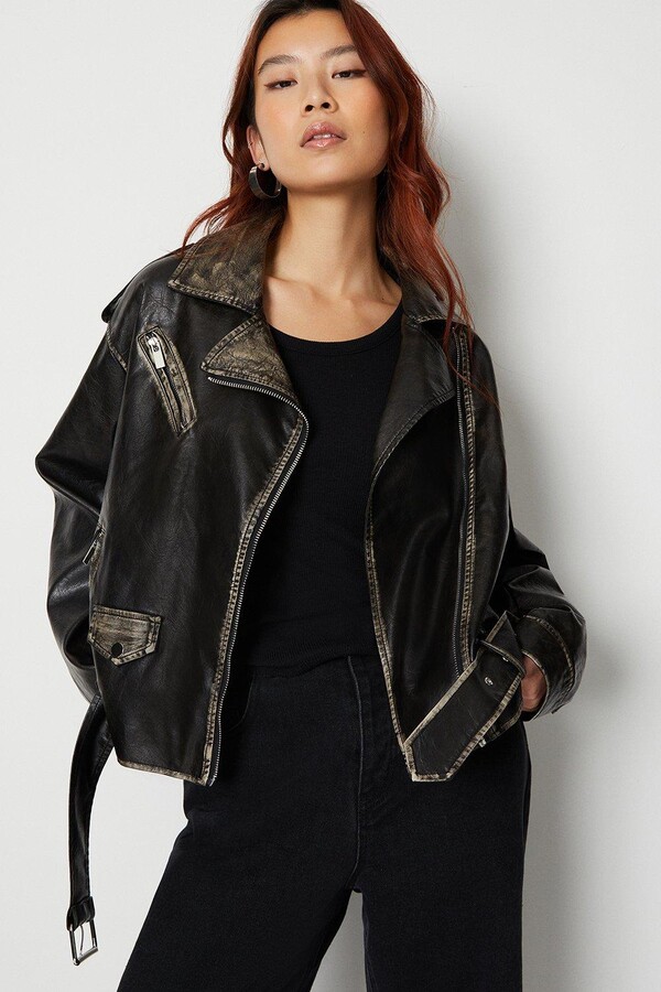 Washed Distressed Pu Biker Jacket - ShopStyle