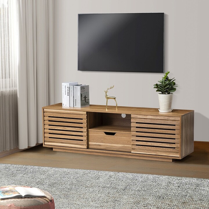 TOSWIN Modern Solid Wooden Frame TV Stand Slatted Design TV Console ...