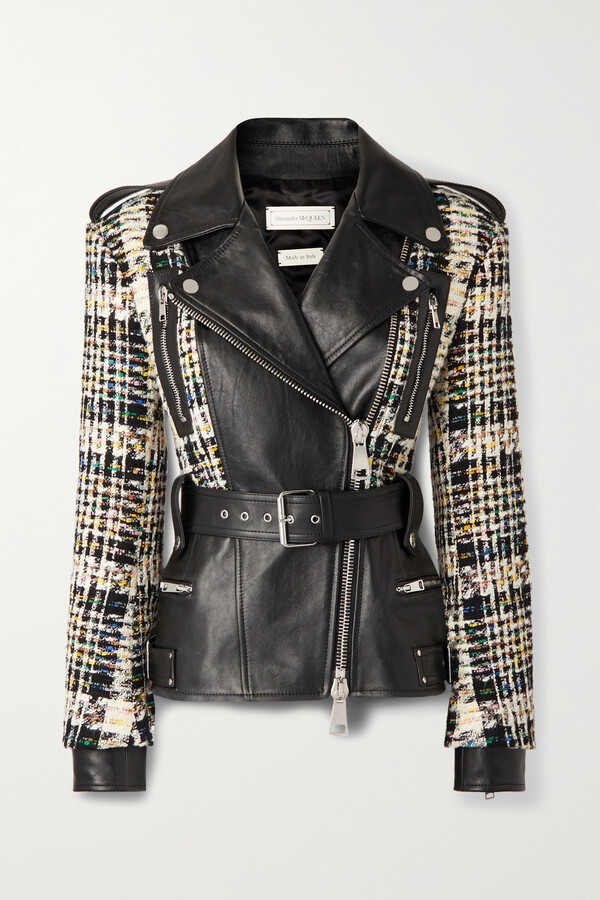 Alexander McQueen Belted Leather And Metallic Tweed Biker Jacket - Black - ShopStyle
