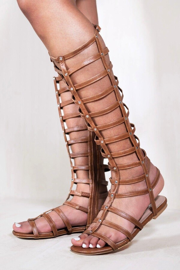 Where's That From 'Leia' Gladiator Knee High Flat Sandals - Brown ...