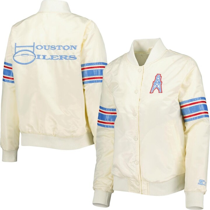 Women's Starter Cream Houston Oilers Line Up Satin Full-Snap Varsity ...