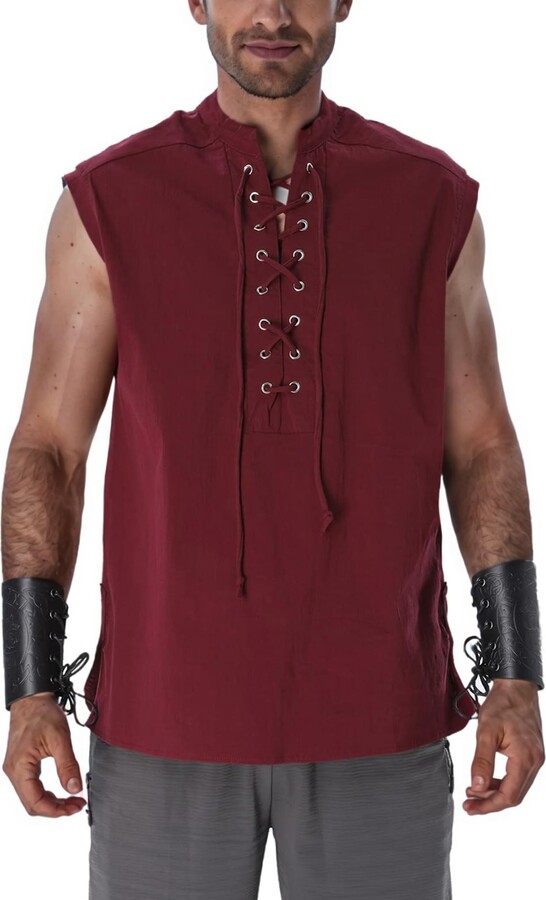 BAKUGOU Mens Medieval Lace Up Sleeveless Shirt Viking Renaissance ...
