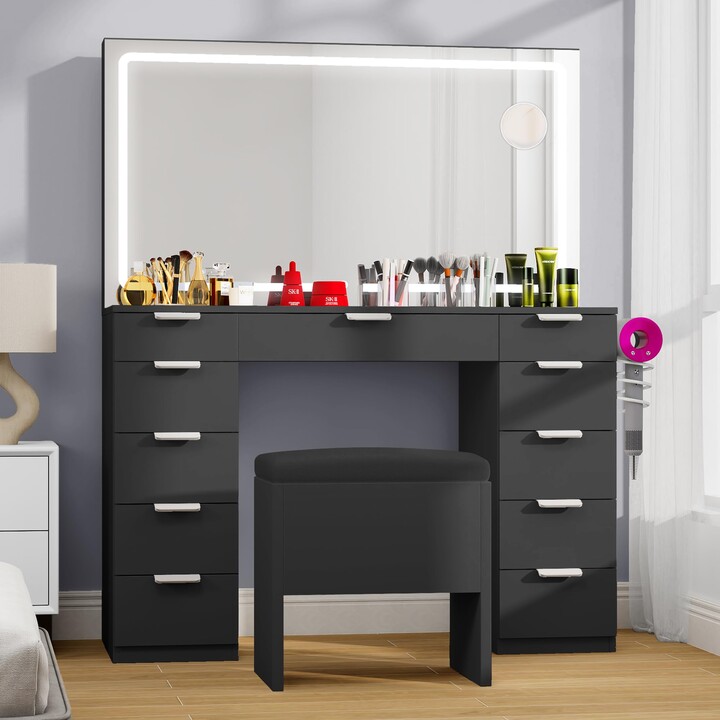 DWVO Dressing Vanity Table with Spacious LED-Lit Mirror & Electrical ...