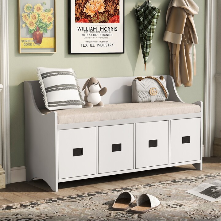 White Entryway Storage Bench with Drawers and Backrest - ShopStyle
