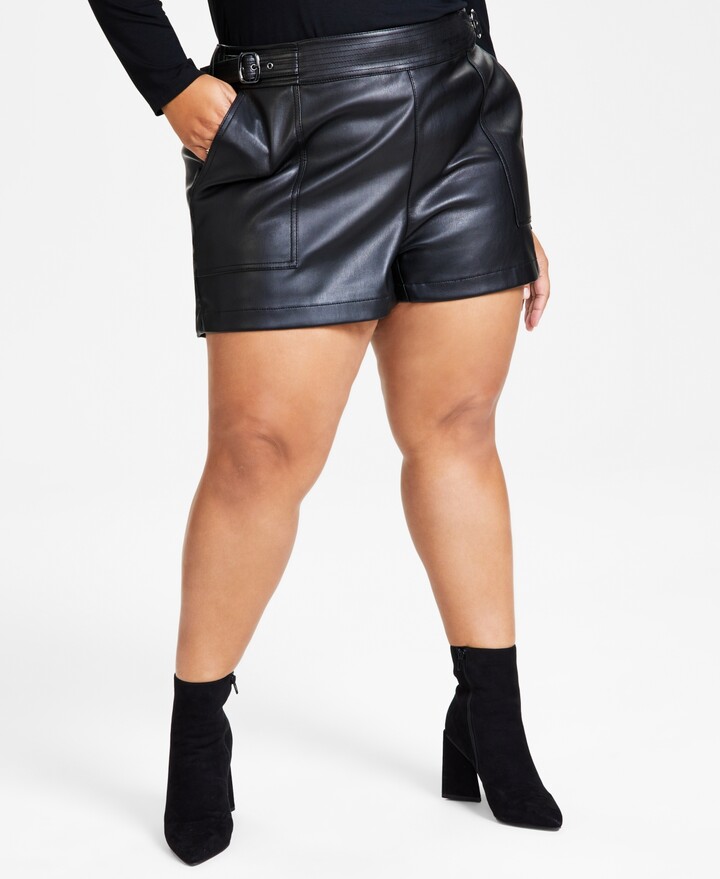 Bar III Plus Size High-Rise Buckled Faux-Leather Shorts, Created for ...