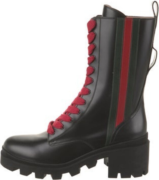Gucci Web Accent Leather Combat Boots - ShopStyle