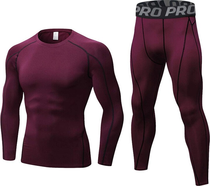Lanbaosi Mens Long Sleeve Base Layer Compression Top And Tights Set